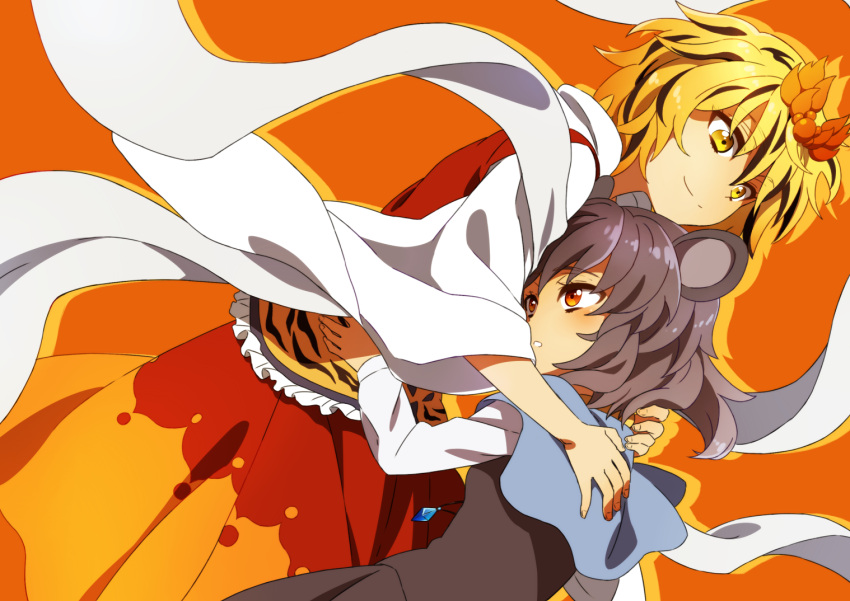 Safebooru - 2girls animal ears blonde hair blush grey hair hair ornament hug mouse ears multiple ...