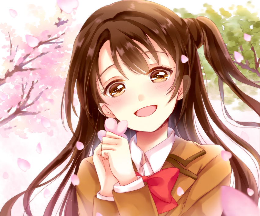 Safebooru - 1girl brown eyes brown hair cherry blossoms face head tilt ...