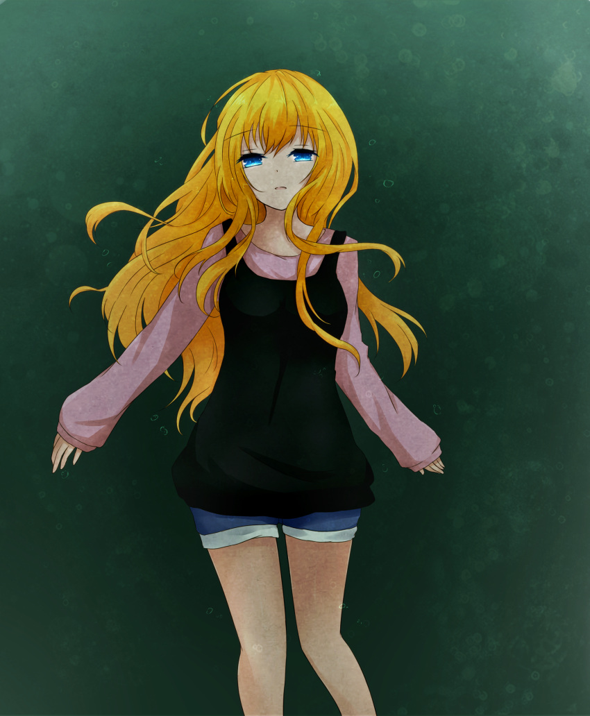 Safebooru - 1girl artist request bangs blonde hair blue eyes bubble denim denim shorts highres ...