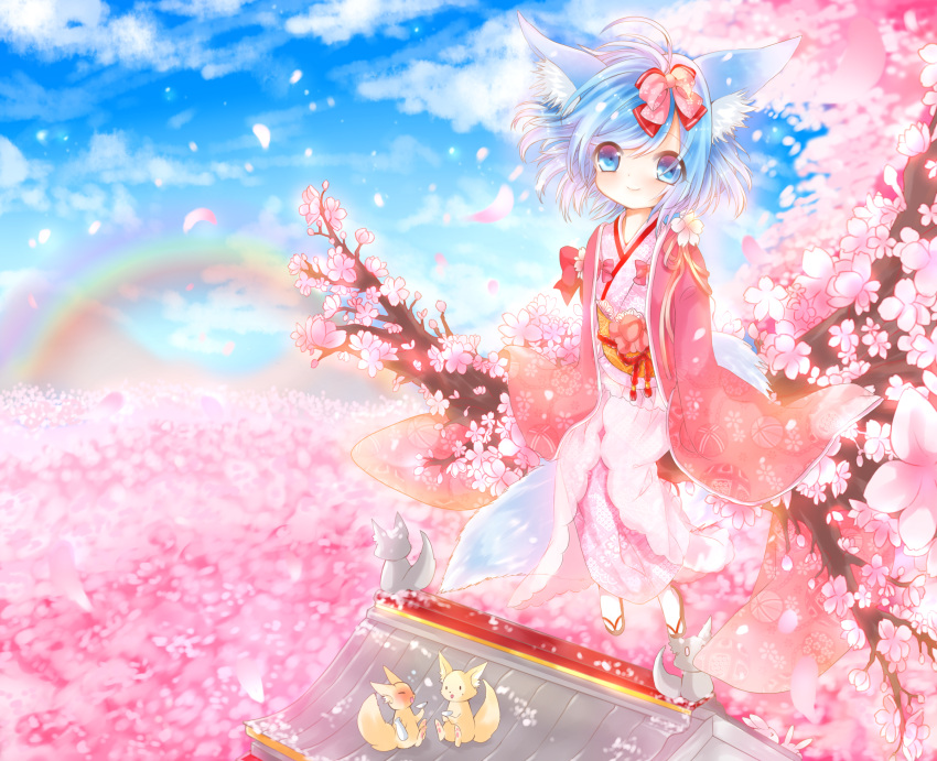 Safebooru - 1girl animal ears blue eyes blue hair floral print flower ...