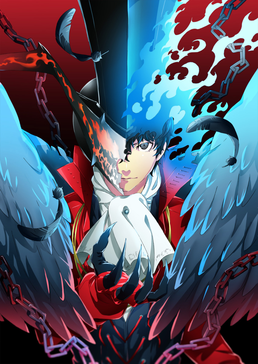 Safebooru - 1boy arsene (persona 5) black hair blue fire chain claws cravat fire gloves hat ...