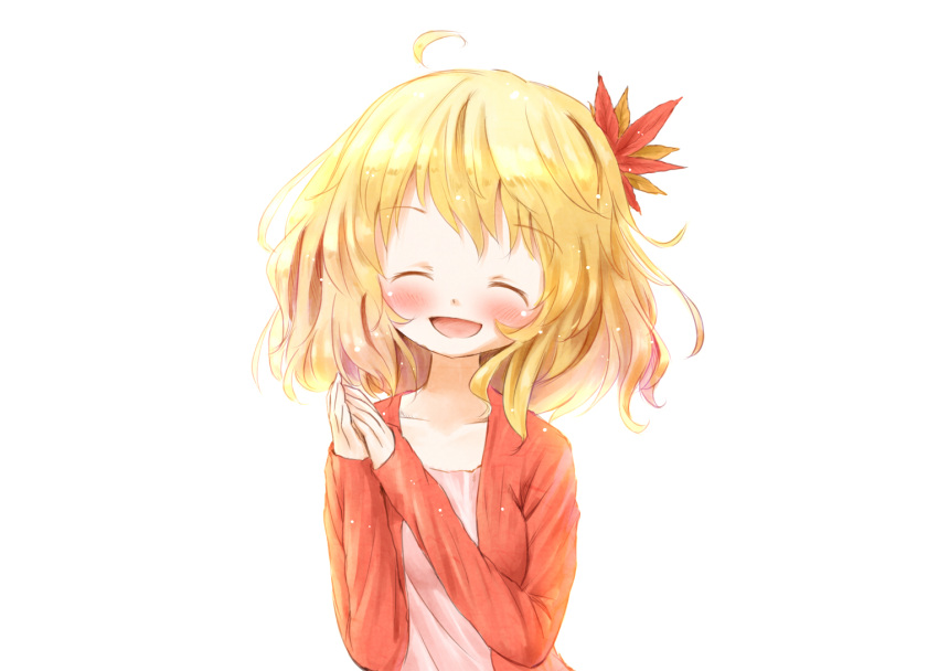 Safebooru - 1girl ahoge aki shizuha arinu blush casual hair ornament smile solo touhou white ...
