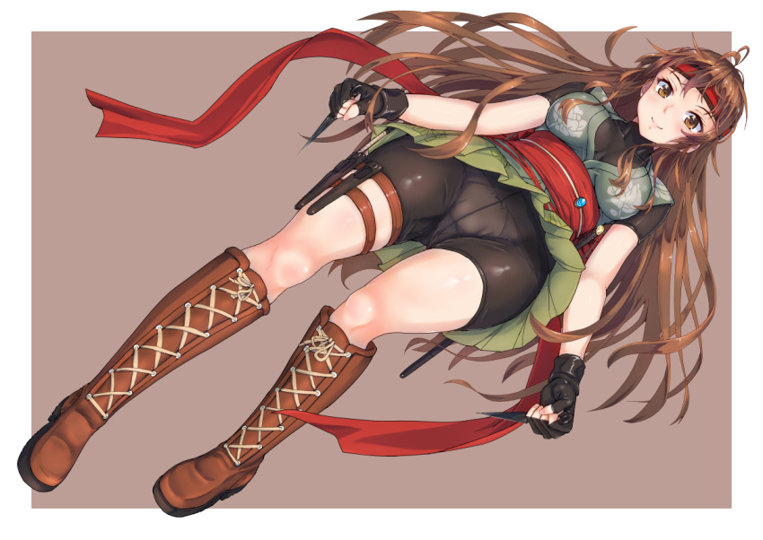 Safebooru - 1girl bike shorts black gloves boots brown eyes brown hair cross-laced footwear ...