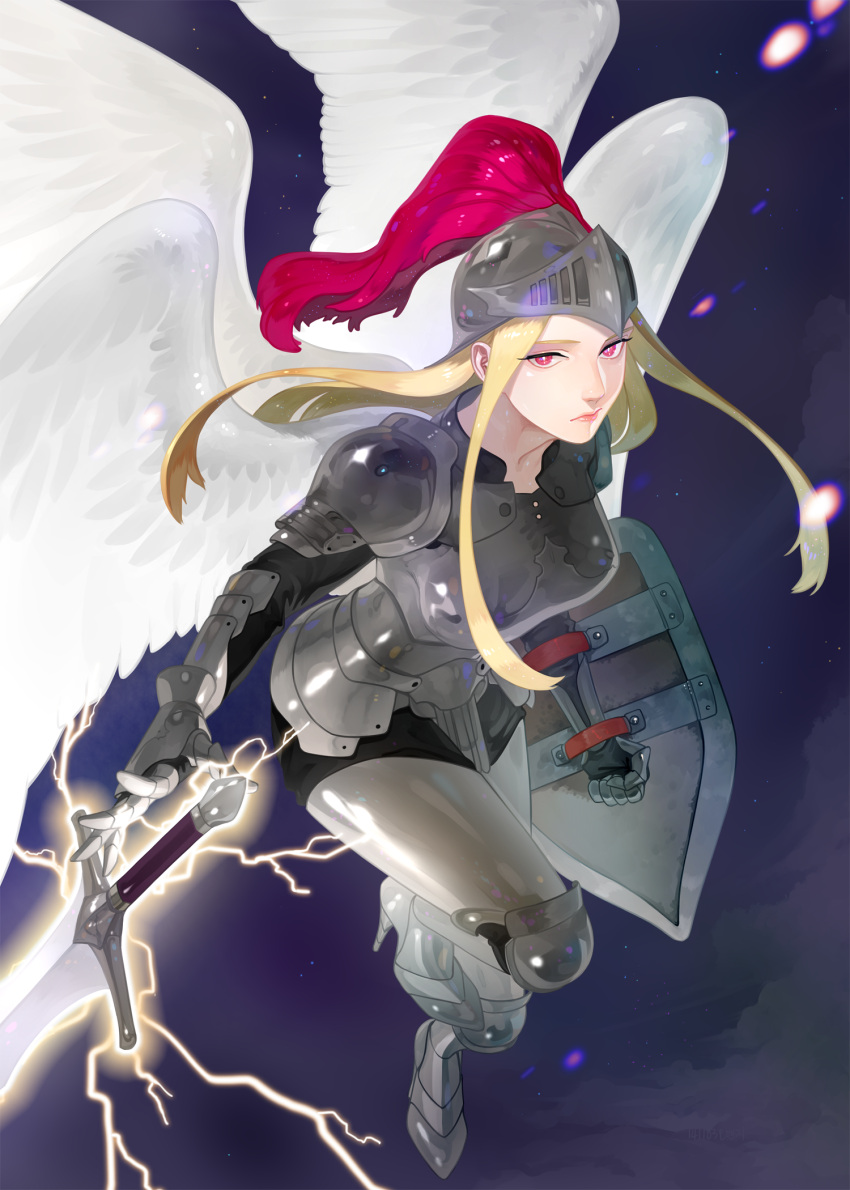 Safebooru - 1girl angel wings armor blonde hair electricity feathers ...