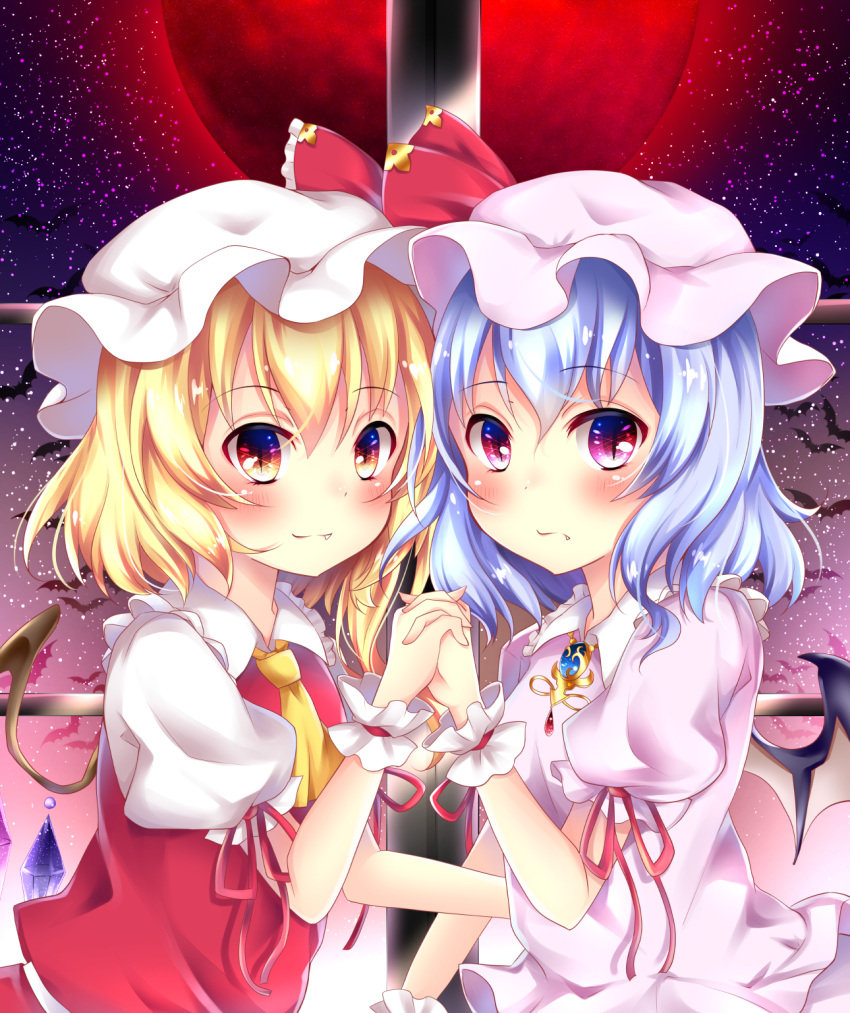 Safebooru - 2girls ascot bat wings blonde hair blue hair blush bow breast press brooch flandre ...