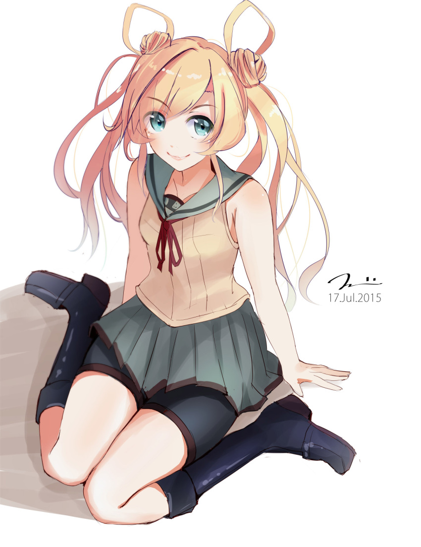 Safebooru - 1girl abukuma (kantai collection) bike shorts blonde hair double bun green eyes ...