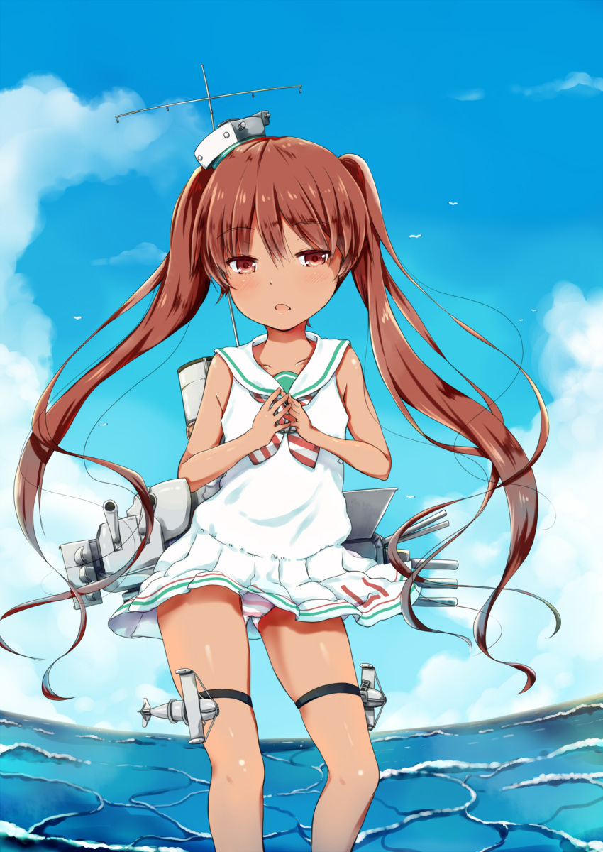 Safebooru - 1girl blush brown eyes brown hair clouds dress hands together hat highres kantai ...