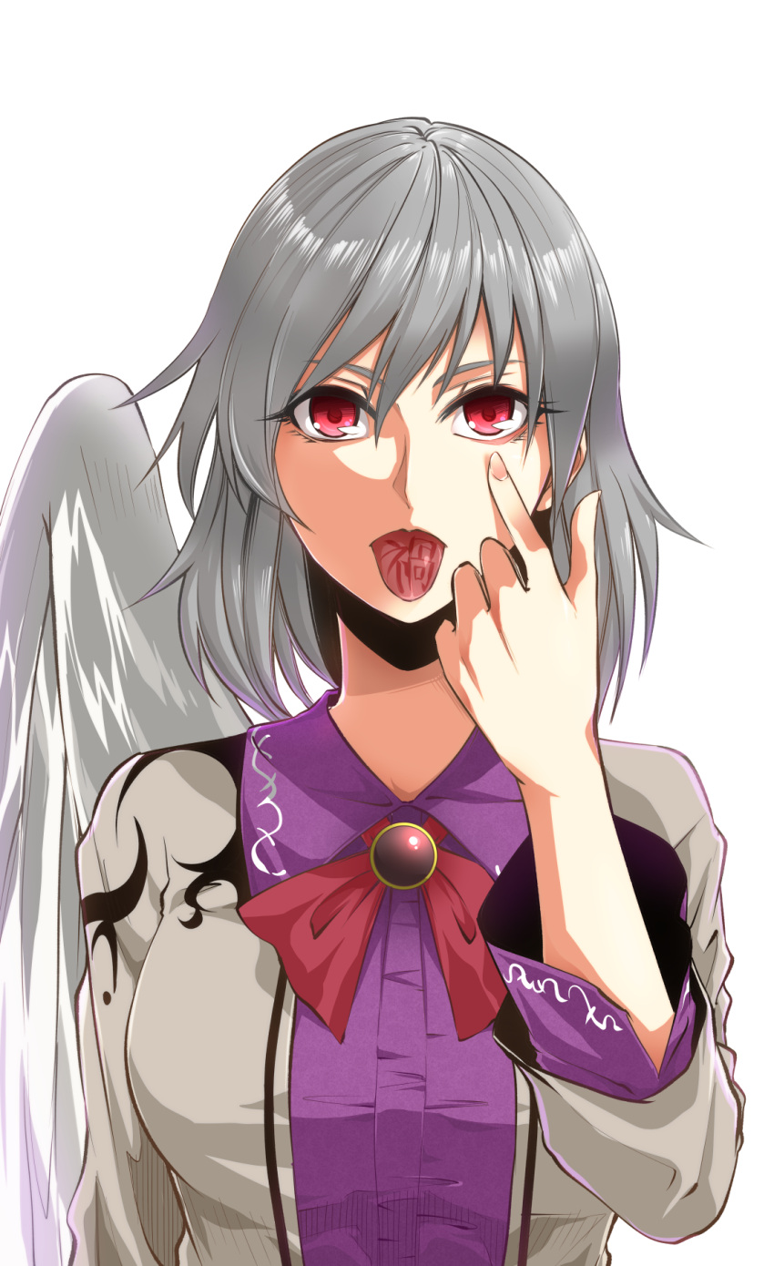 Safebooru - 1girl akanbe bow grey hair hands highres kakao (noise-111 ...