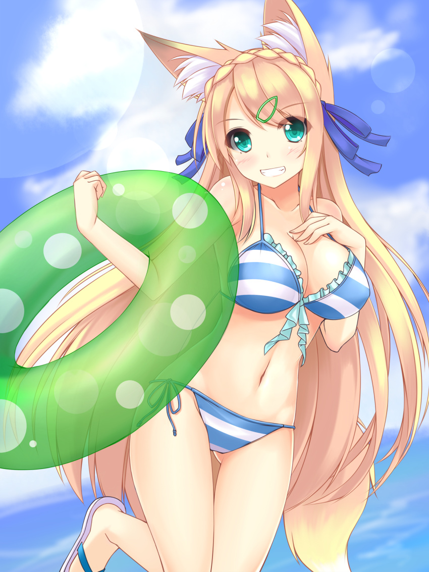 Safebooru - 1girl absurdres animal ears bikini blonde hair fox ears green eyes grin highres ...