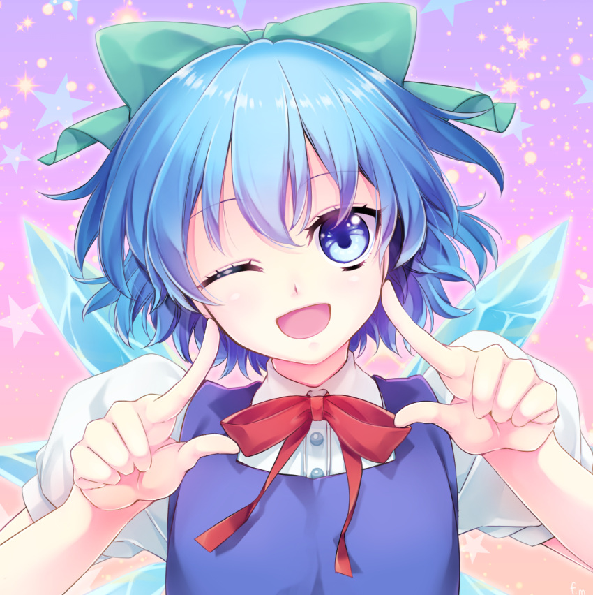 Safebooru - 1girl ;d blue eyes blue hair blush cirno gradient gradient background hair ornament ...