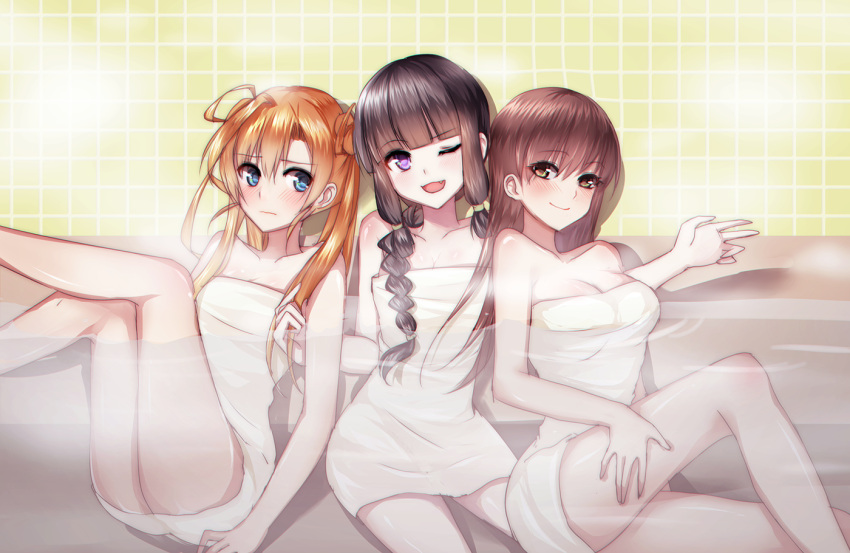 Safebooru - 3girls abukuma (kantai collection) black hair blonde hair blue eyes braid brown eyes ...