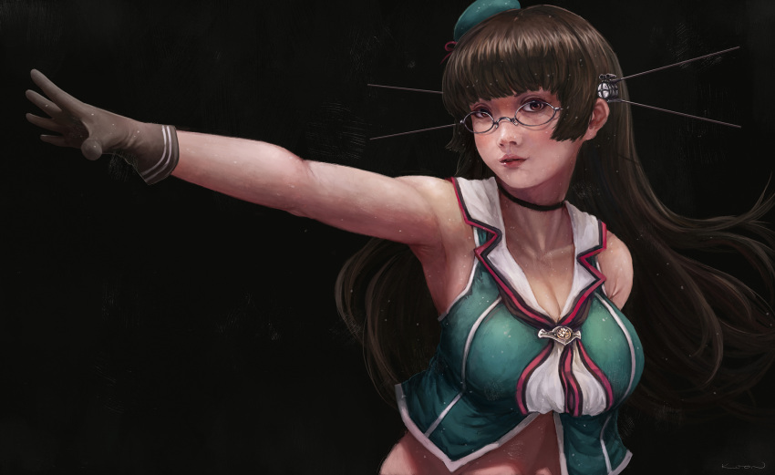 Safebooru - 1girl armpits black background black gloves black hair breasts brown gloves brown ...