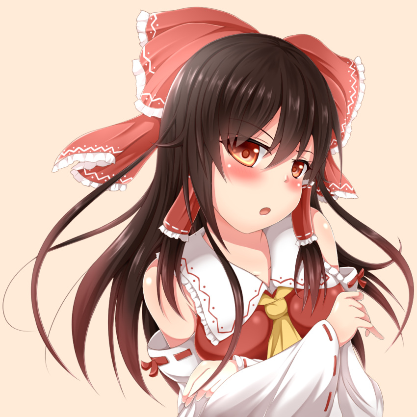 Safebooru - 1girl ascot bare shoulders black hair blush bow brown eyes detached sleeves hair bow ...