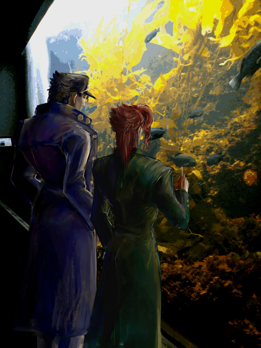 Safebooru - 2boys aquarium black hair fish from behind gakuran hat ...