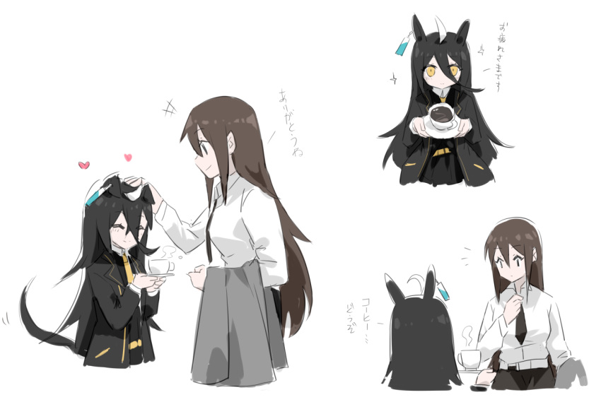 Safebooru - 2girls ahoge animal ears black coat black hair black necktie black tail brown hair ...