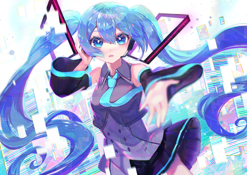 Safebooru - 1girl aqua hair aqua necktie black skirt black sleeves blue eyes chromatic ...