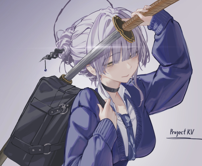 Safebooru - 1girl bags under eyes black choker blue cardigan blue necktie breasts cardigan ...