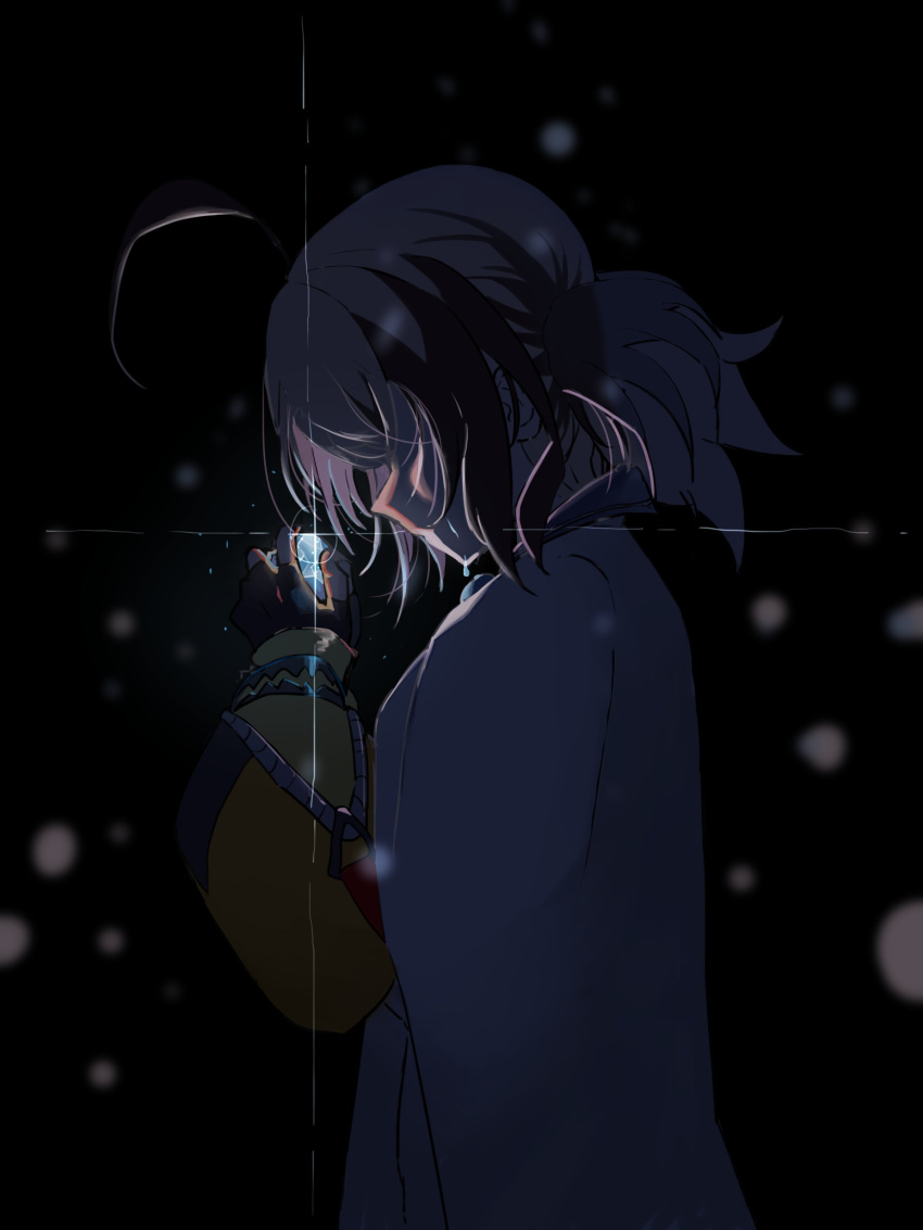 Safebooru - 1girl absurdres ahoge black background black gloves blue ...