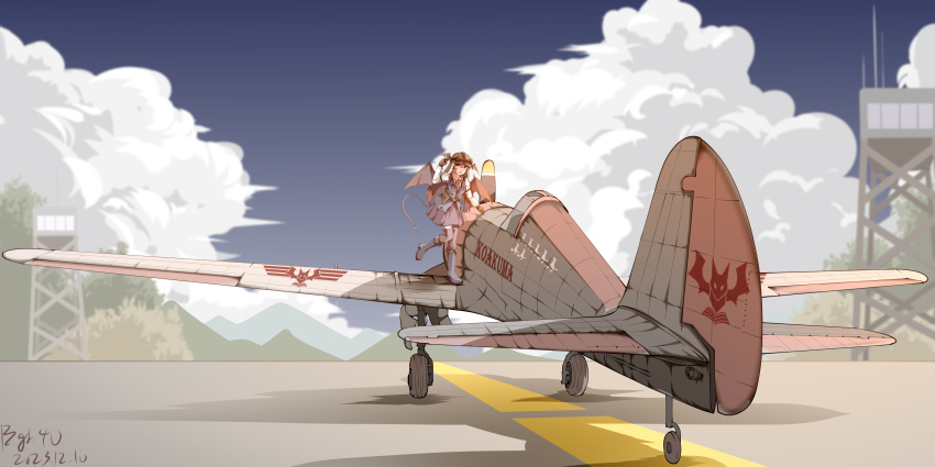 Safebooru - 1girl absurdres aircraft airfield airplane clouds control ...