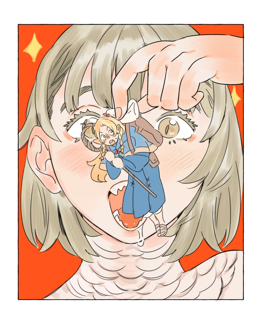 Safebooru - 2girls ambrosia (dungeon meshi) backpack bag bedroll belt pouch blonde hair blue ...