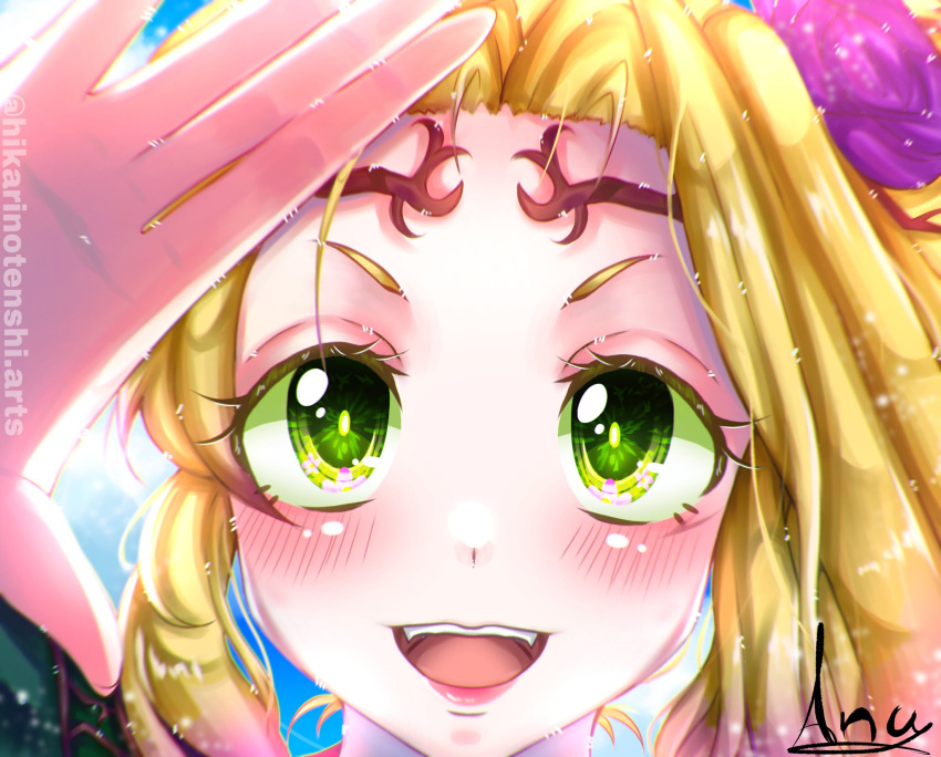 Safebooru - blonde hair blush flower green eyes hair flower hair ornament hand up highres ...