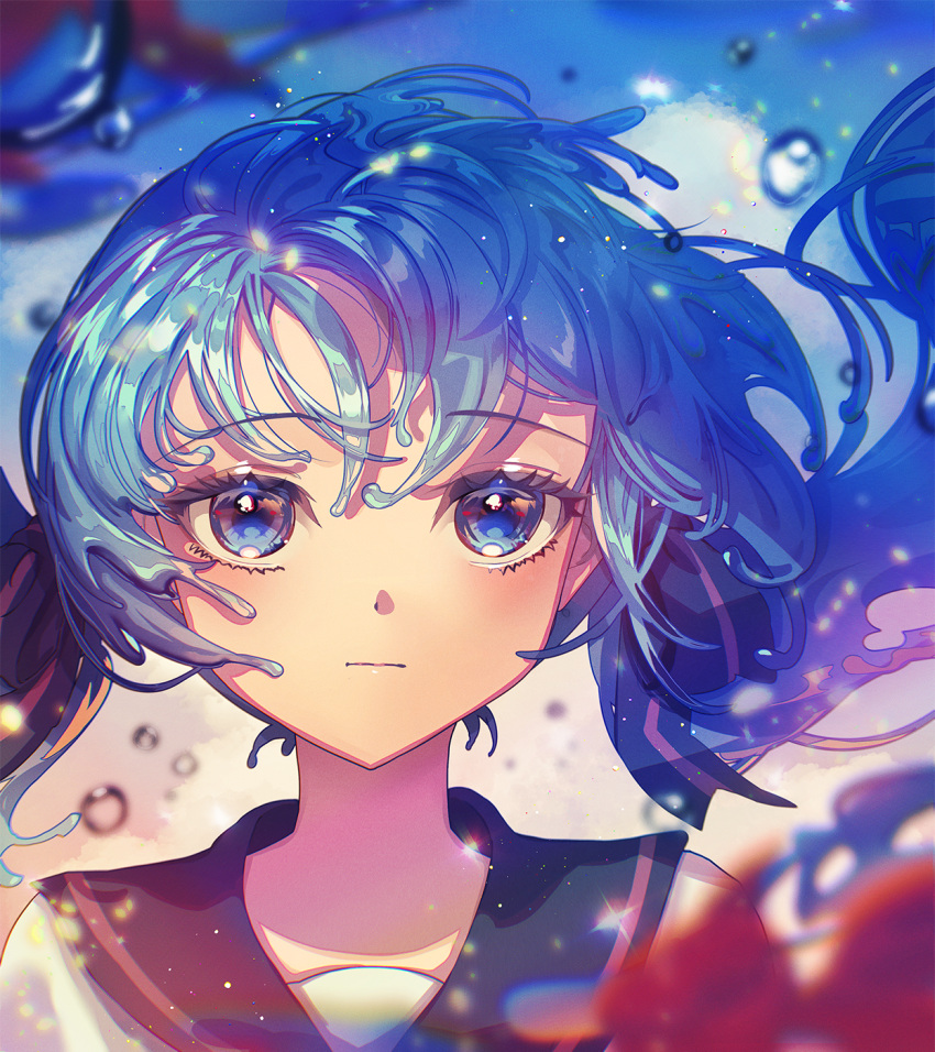 Safebooru - 1girl :| aqua hair blue eyes blue sailor collar bottle miku closed mouth dot nose ...