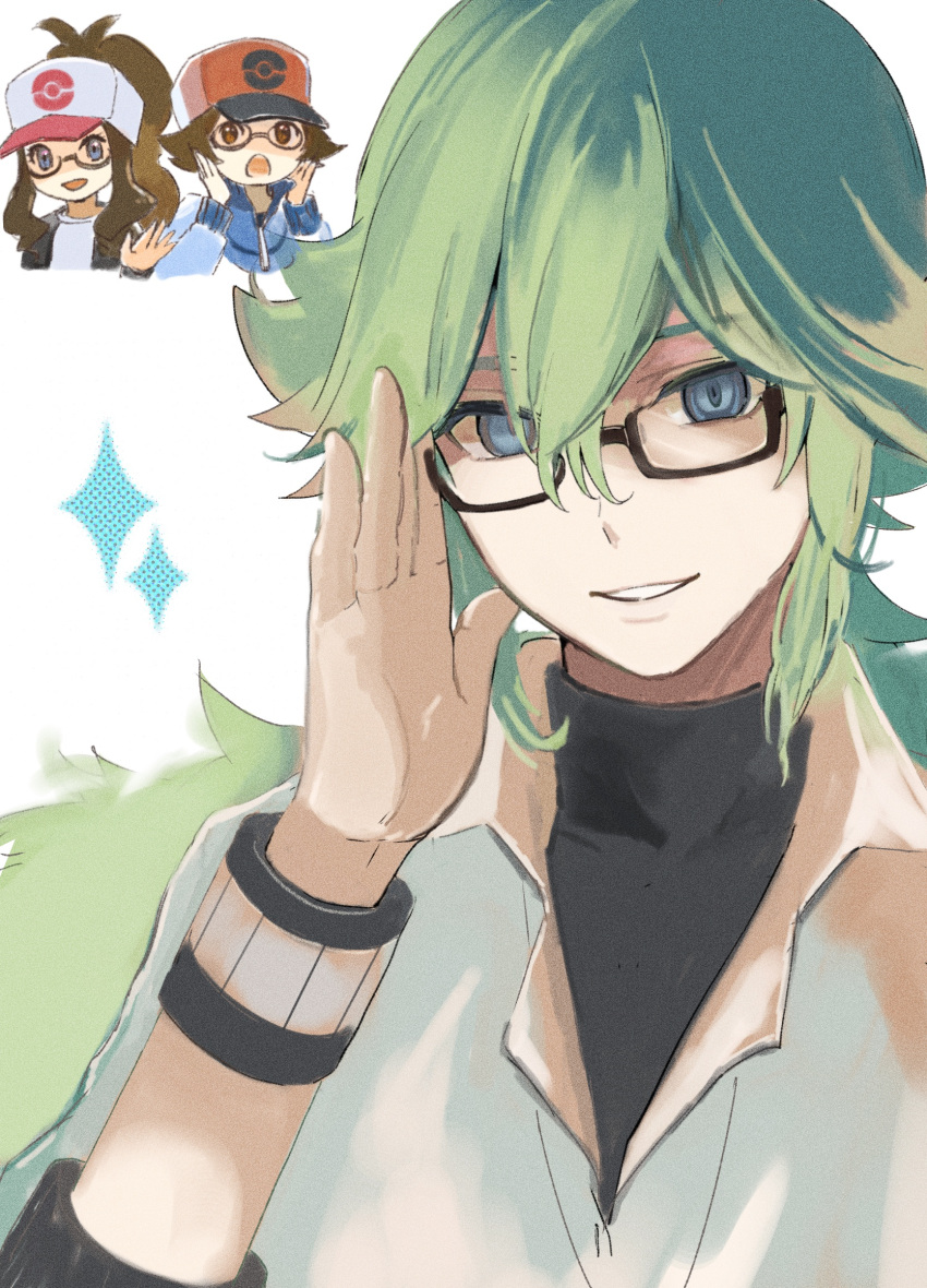 Safebooru - 1girl 2boys adjusting eyewear black-framed eyewear black wristband blue eyes ...