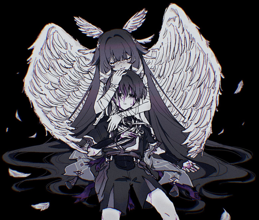 Safebooru - 1boy 1girl absurdly long hair angel wings arm around neck arm at side armor bags ...