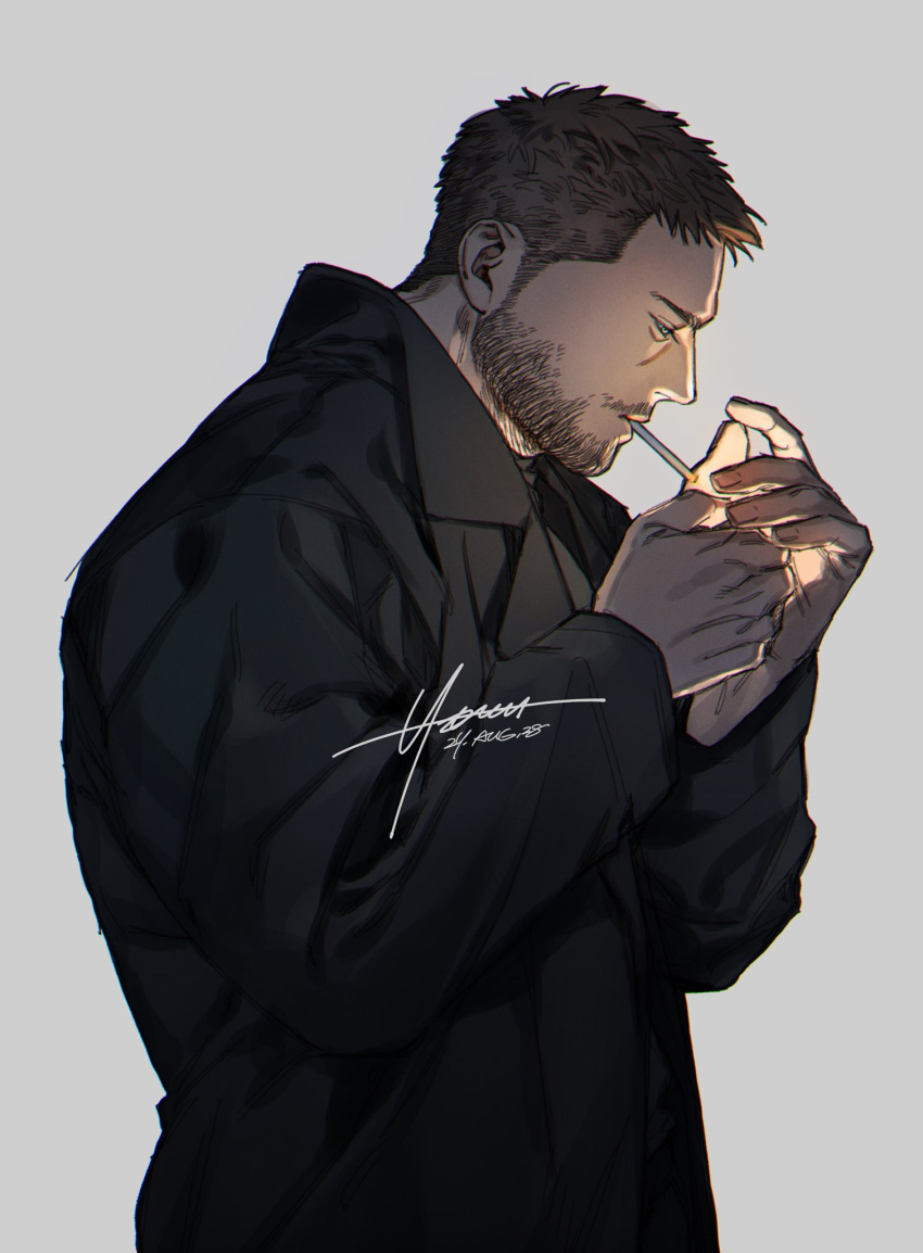 Safebooru 1boy Beard Black Coat Brown Hair Cigarette Coat Collared 8613