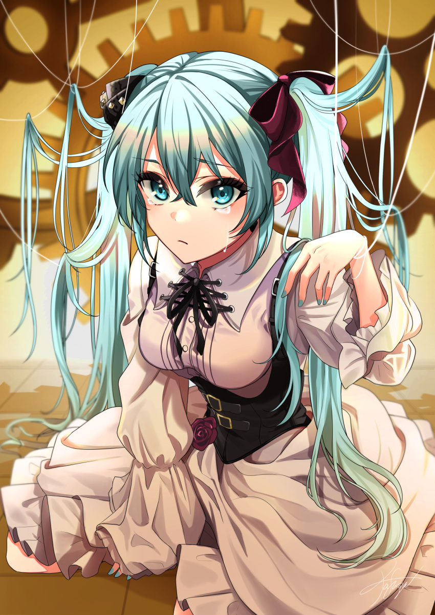 Safebooru - 1girl aqua eyes aqua hair aqua nails black corset black ribbon breasts closed mouth ...