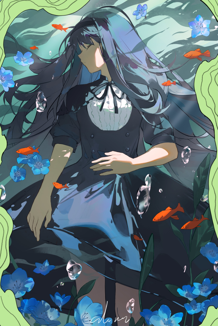 Safebooru - 1girl absurdres air bubble akemi homura black capelet black dress black hair black ...