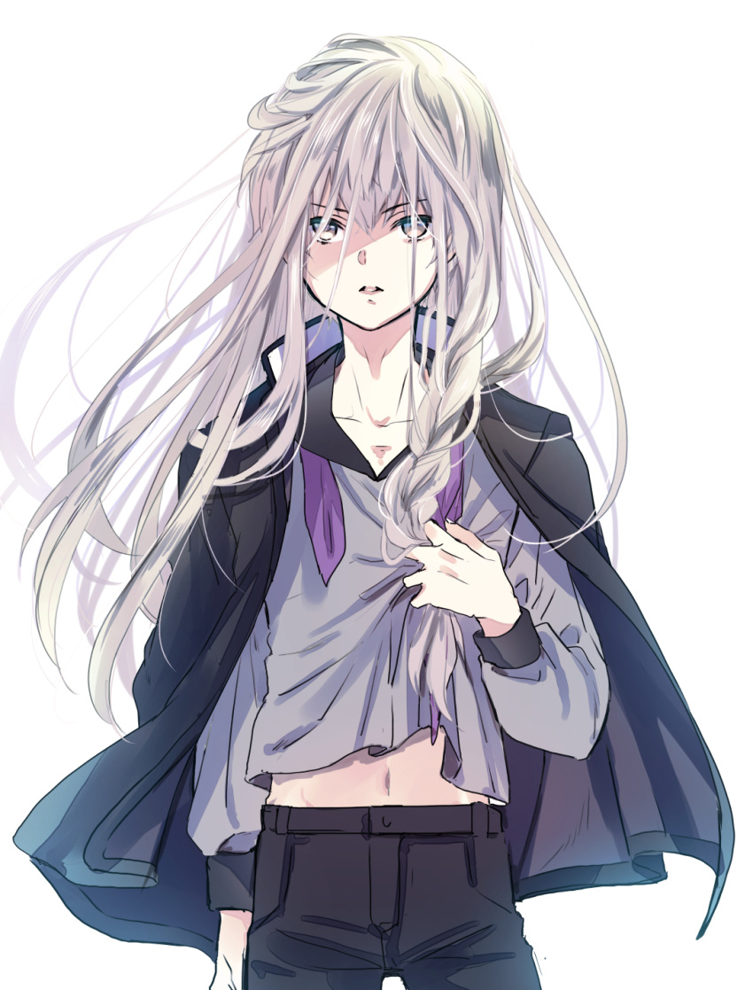 Safebooru - 1boy collarbone gakuran grey hair grey shirt hand up ...