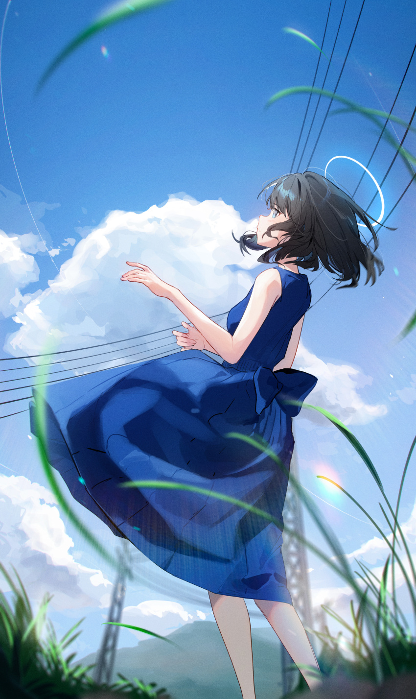 Safebooru - 1girl absurdres back bow bare arms black hair blue bow blue dress blue eyes blue ...