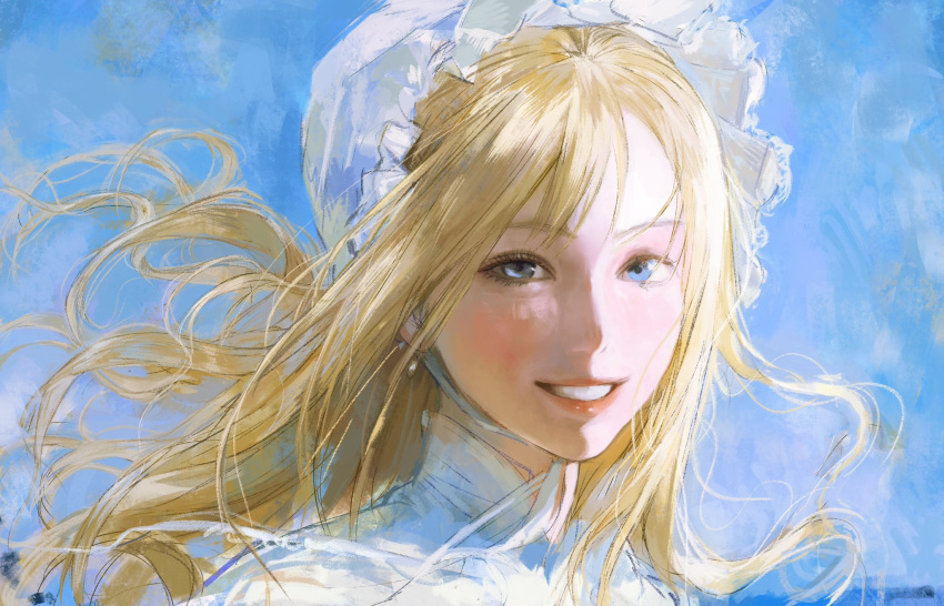 Safebooru - 1girl artist name blonde hair blue background blue eyes clenched teeth floating hair ...