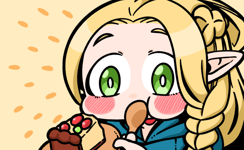 Safebooru - 1girl blonde hair blue robe blush braid buraninn cake chibi dungeon meshi eating elf ...