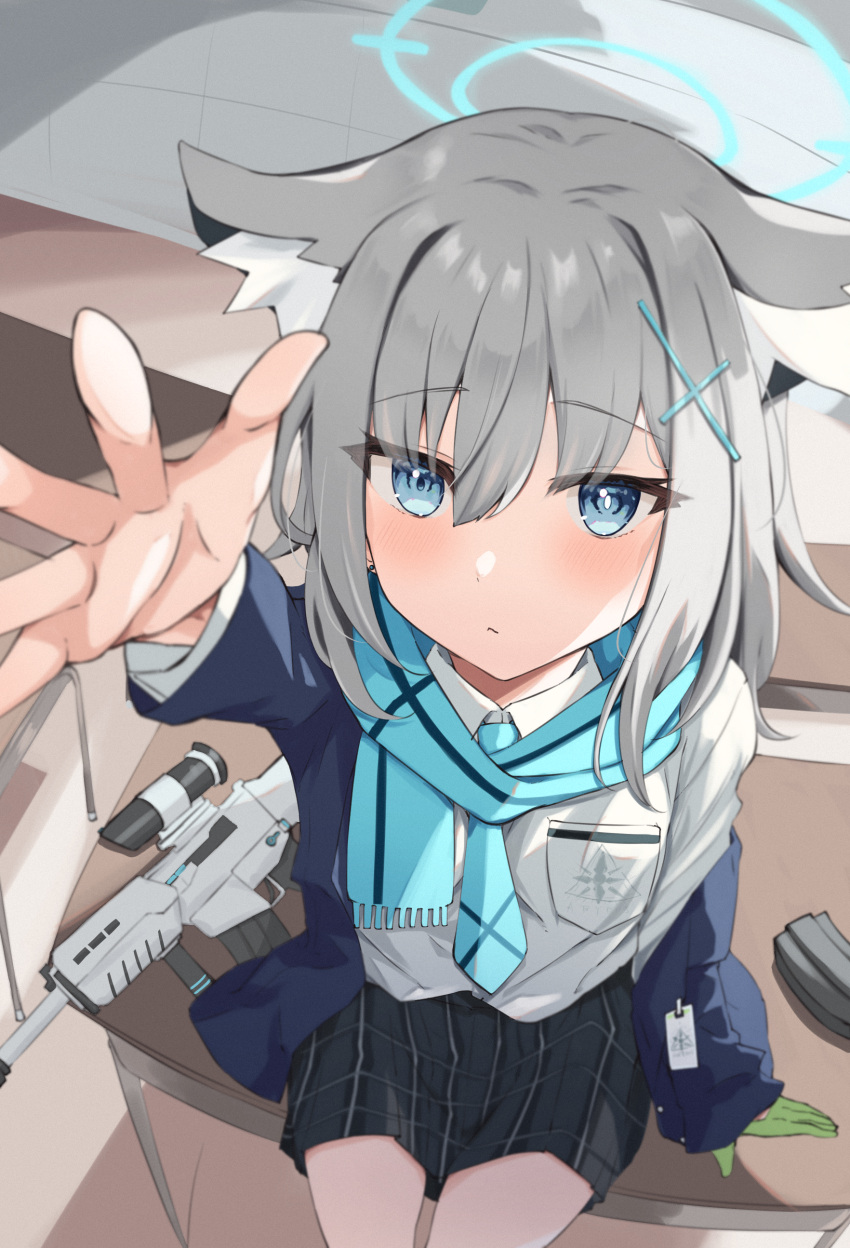 Safebooru - 1girl absurdres animal ear fluff animal ears assault rifle black skirt blue archive ...