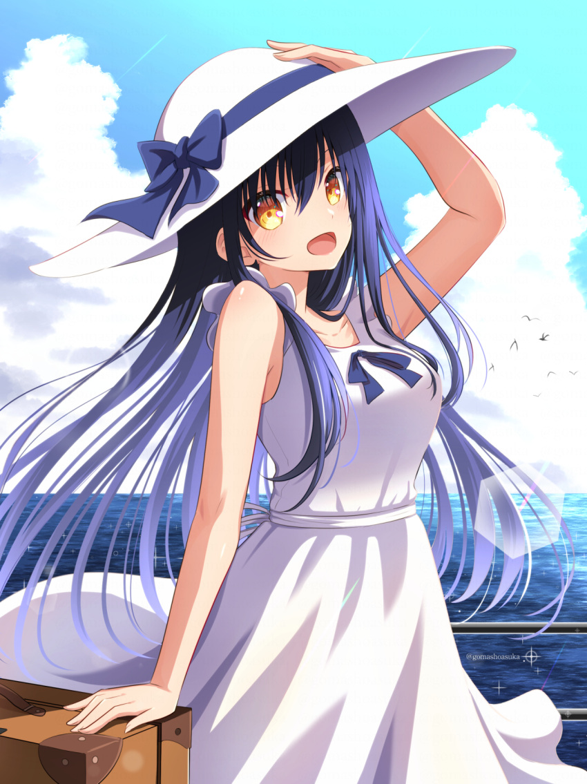 Safebooru - 1girl :d arm at side arm up bare arms bird black hair blue ...