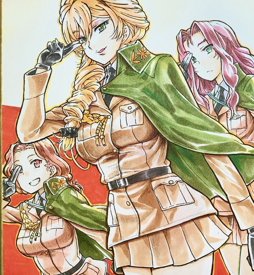 Safebooru - 3girls absurdres bonple military uniform cape collared shirt flag background girls ...