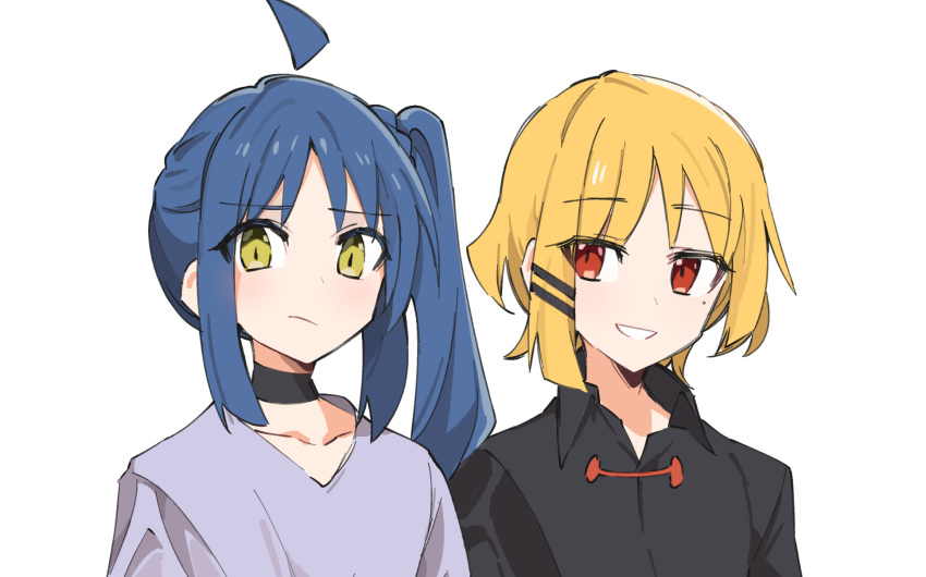 Safebooru - 2girls ahoge alternate hair color black choker black shirt blonde hair blue hair ...