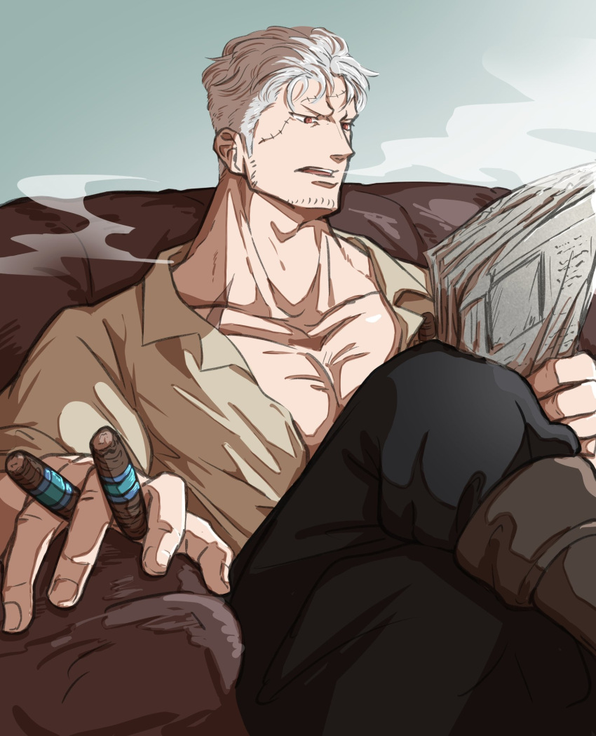 Safebooru - 1boy beard stubble black pants boots brown footwear cigar commentary request couch ...