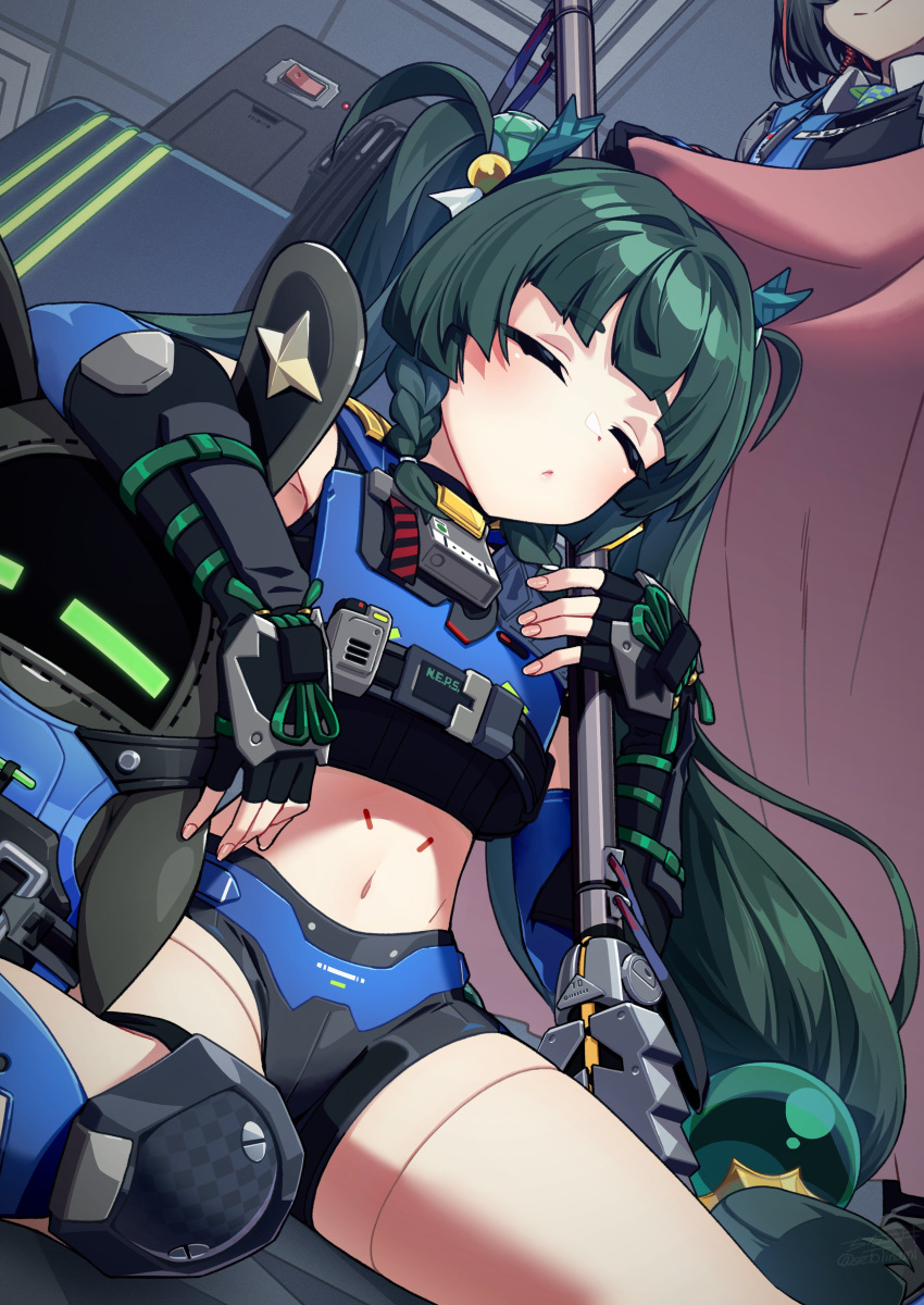 Safebooru - 2girls absurdres black gloves black hair black shirt black shorts blanket braid ...