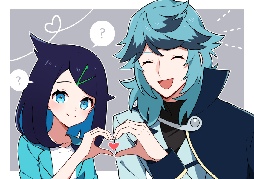 Safebooru - 1boy 1girl :d ? black hair black shirt border closed eyes closed mouth commentary ...