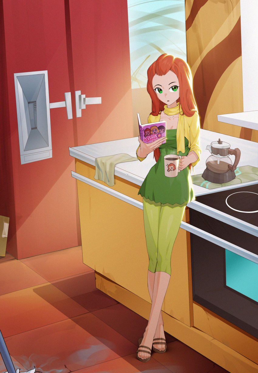 Safebooru - book coffee coffee mug cup dress green dress green eyes ...