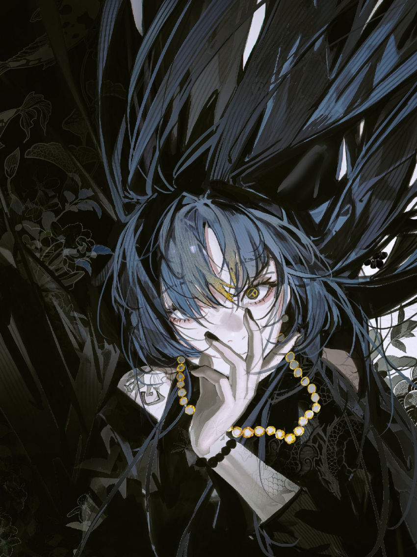 Safebooru - 1girl bead bracelet bead necklace beads black hair black nails bracelet closed mouth ...