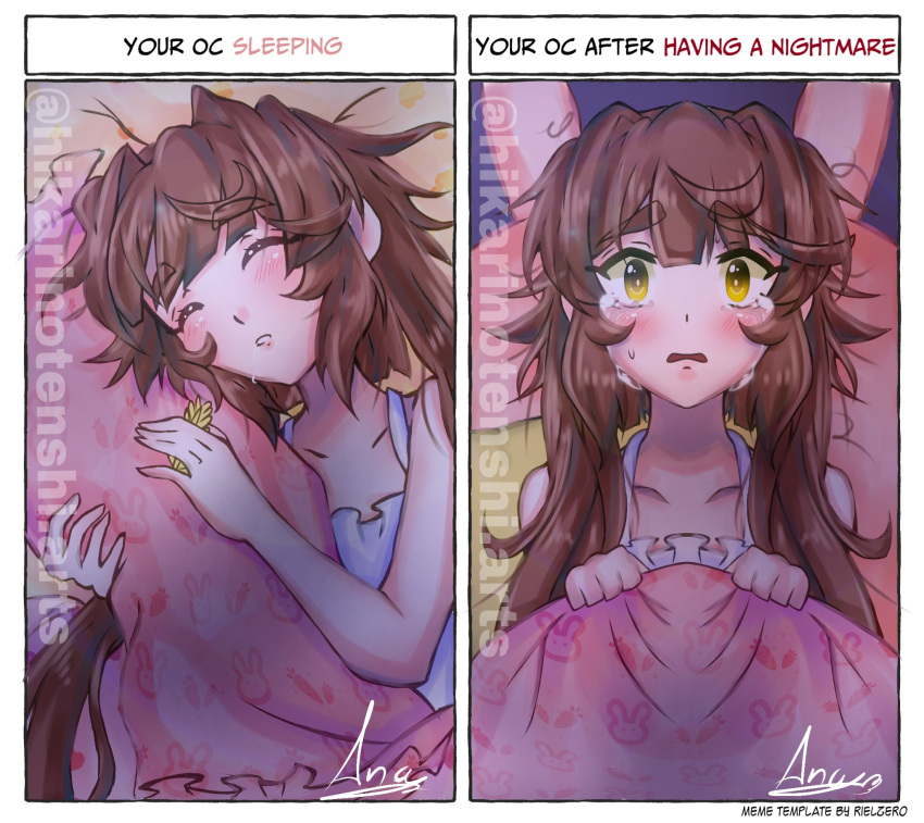 Safebooru - blanket blush brown hair crying highres hikarinotenshi.arts lifting covers messy ...