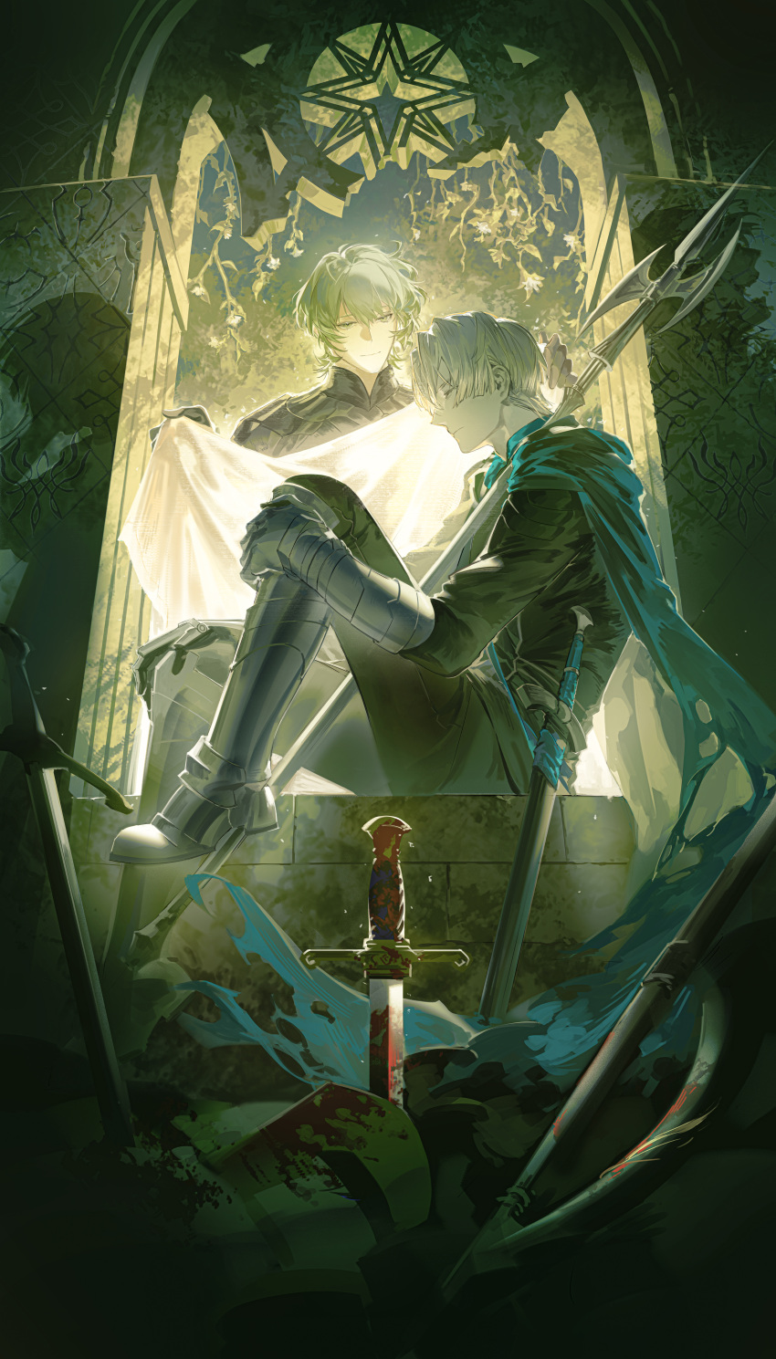 Safebooru - 2boys absurdres armor armored boots blonde hair blood blood on weapon blue cape ...