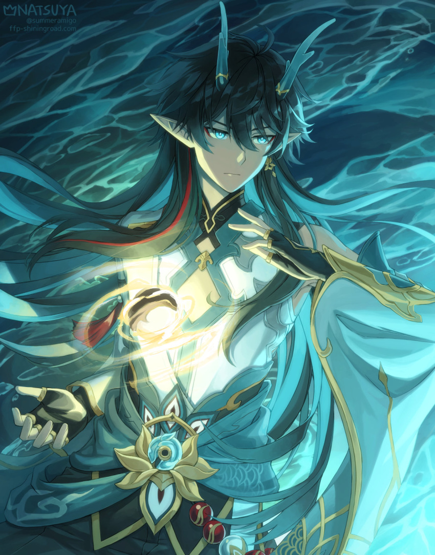 Safebooru - 1boy black gloves black hair black pants blue background blue eyes blue horns closed ...
