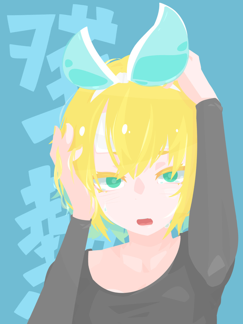 Safebooru - 1girl absurdres black shirt blonde hair blue background blue bow blue eyes bow ...