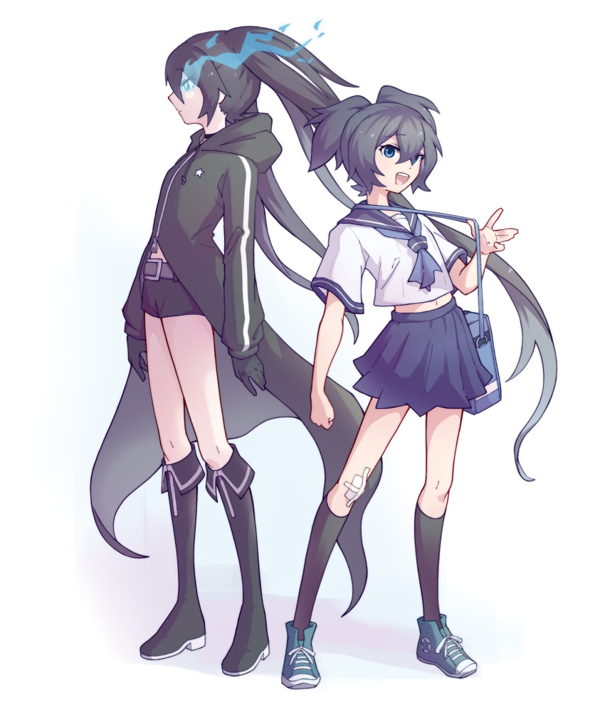 Safebooru - 2girls black coat black footwear black gloves black hair black rock shooter black ...