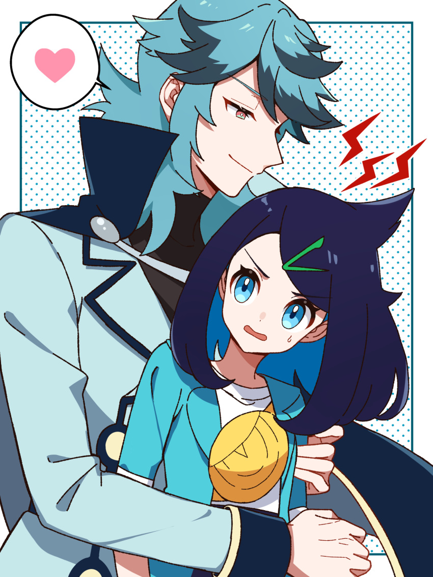 Safebooru - 1boy 1girl aqua hair black hair black shirt border closed mouth colored inner hair ...